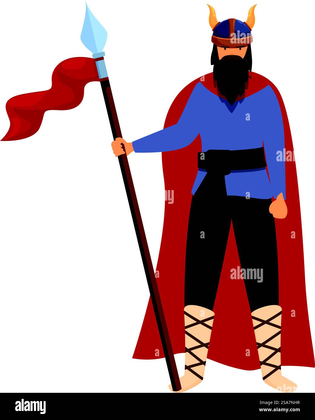 Strong viking character is standing and holding a spear with a red flag ...