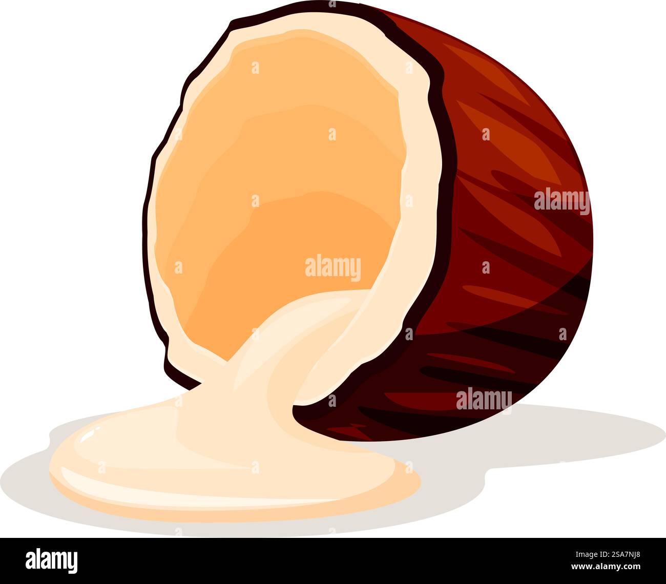Coconut milk is pouring from a cracked coconut on a white background ...