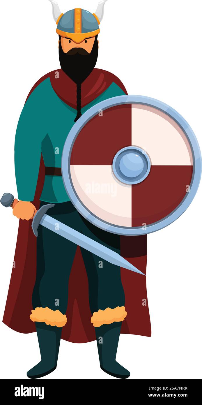 Cartoon viking holding a sword and a shield, ready to defend his ...