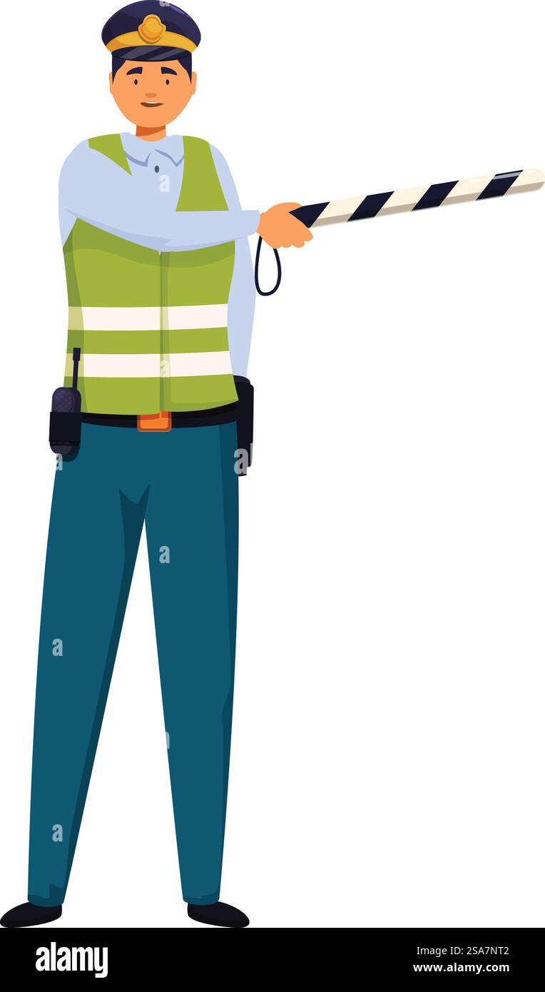 Smiling police officer holding traffic rod is directing traffic ...