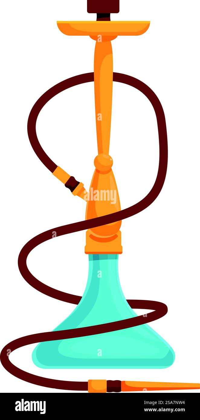 Golden hookah pipe with long brown tube standing on white background ...