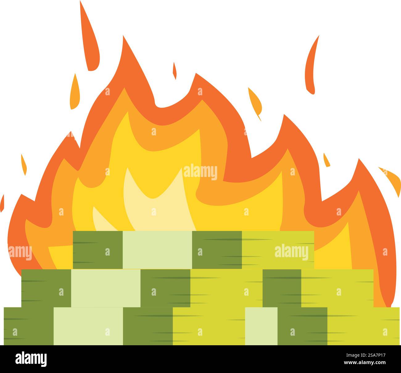 Large stack of money is burning with large flames. Huge pile of money ...