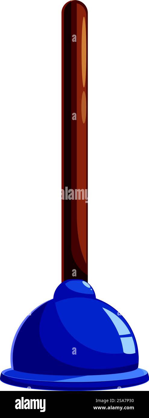 Blue rubber plunger with a wooden handle is standing up, ready to be ...