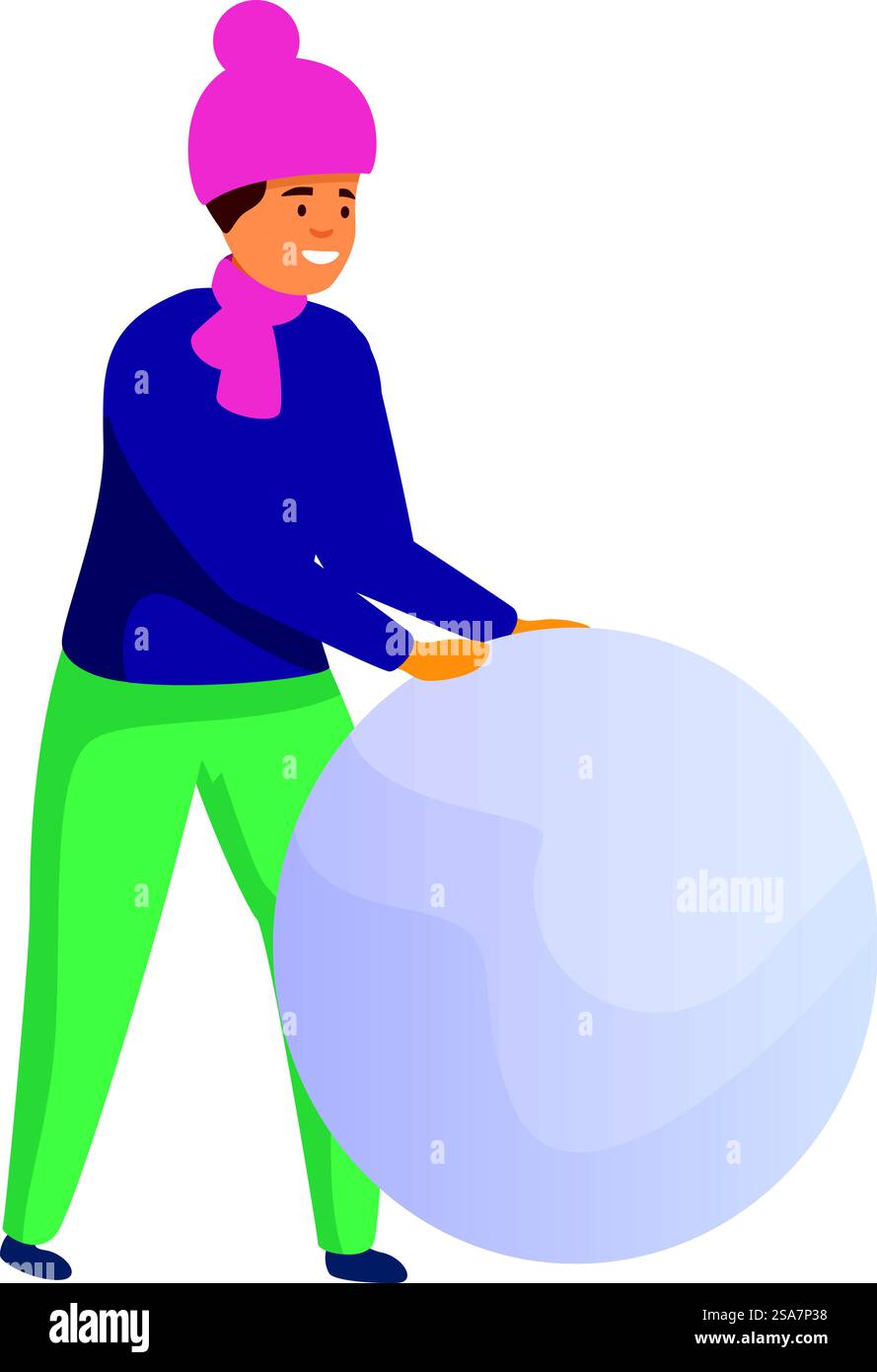 Young man is having fun in the snow, rolling a large snowball to build ...