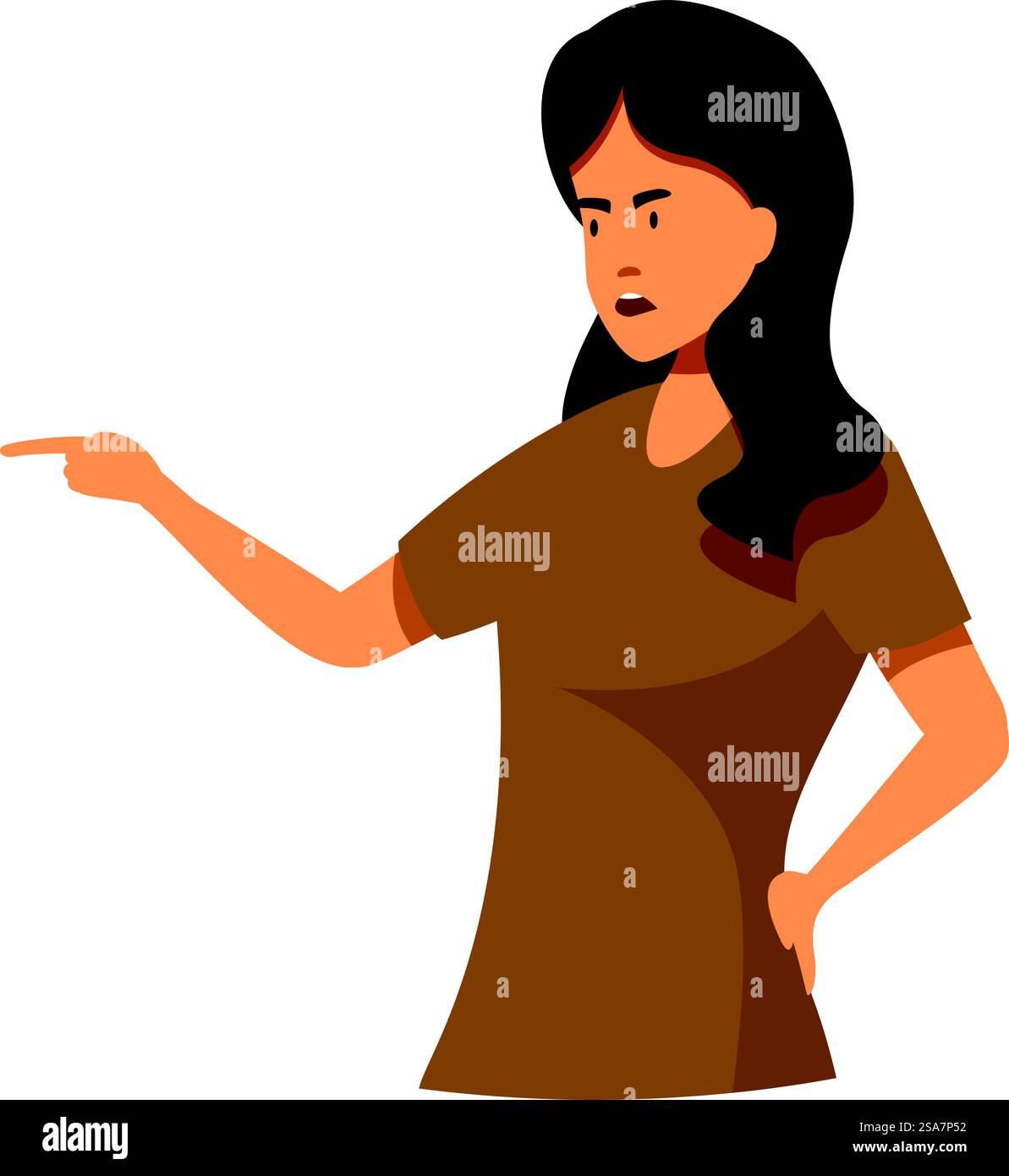 Illustration of a woman with an upset expression pointing her finger aggressively. Angry woman ...