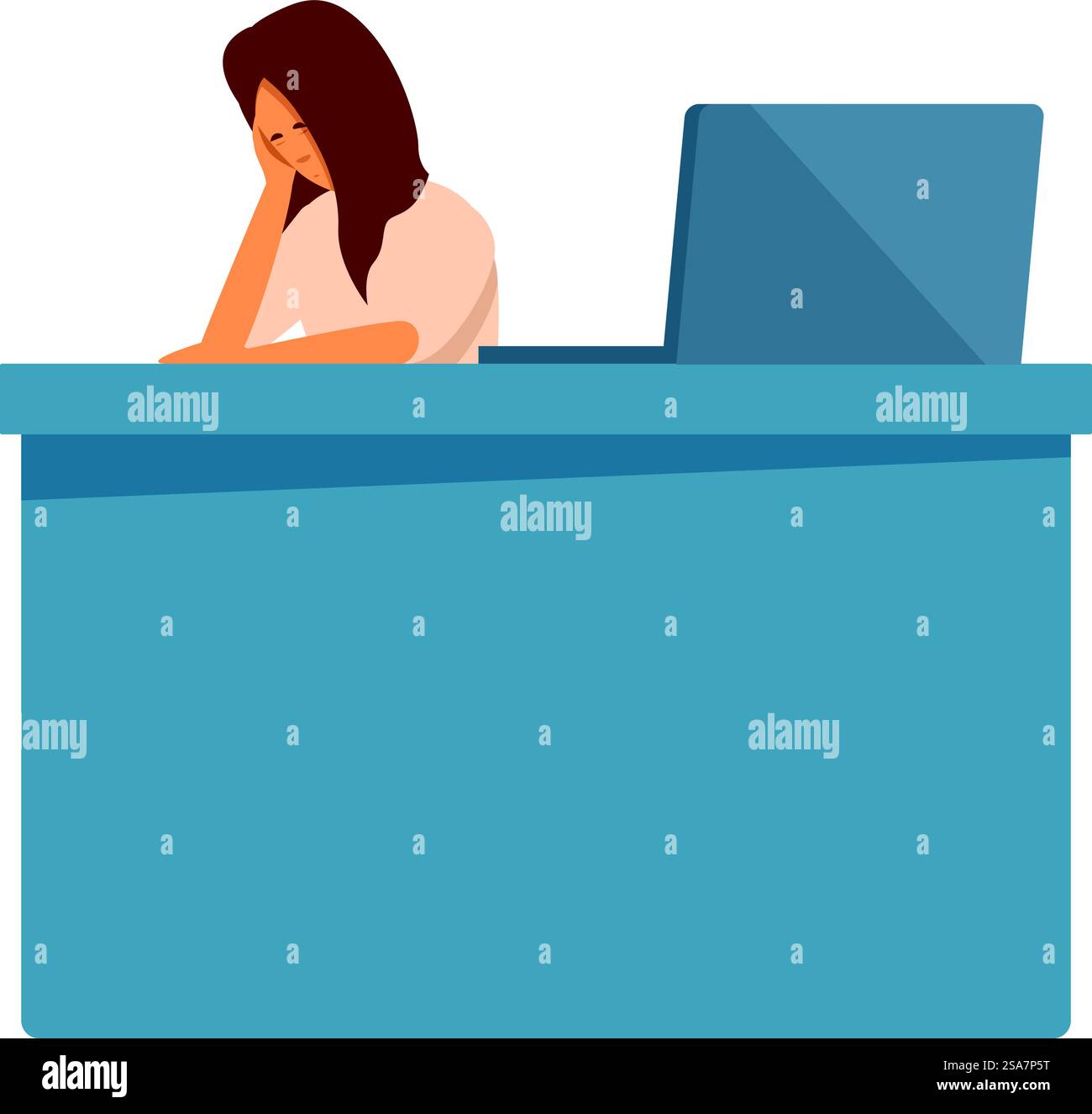 Young office worker suffering from headache sitting at desk with laptop. Woman is suffering from ...