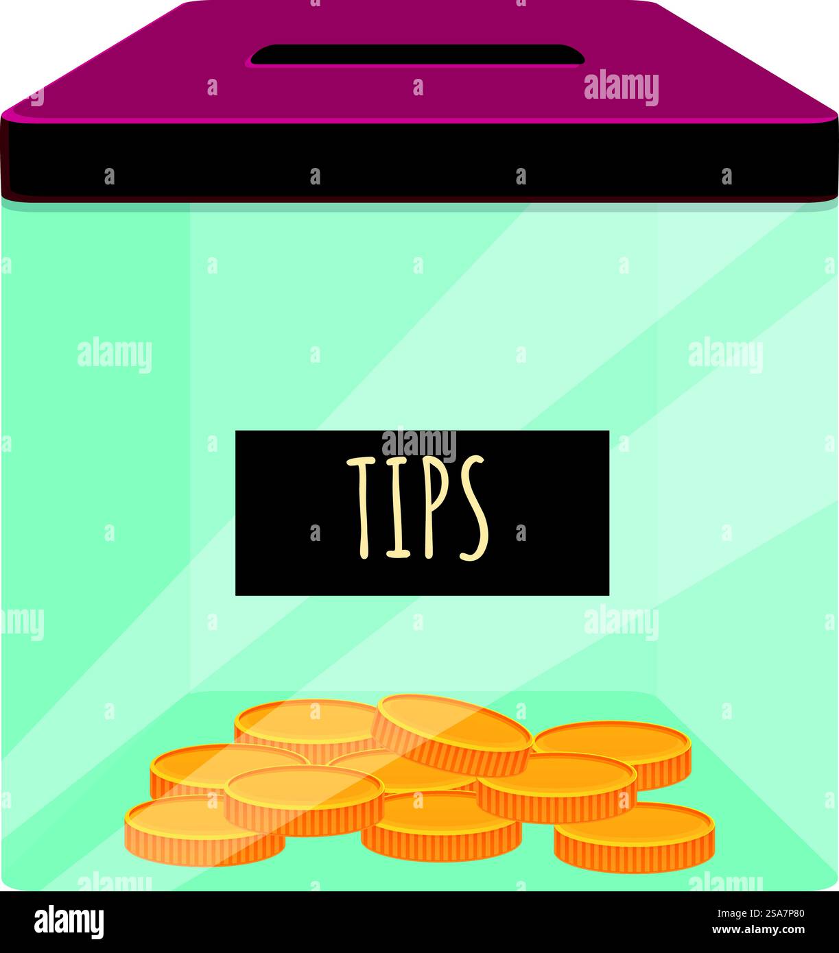 Transparent tips box with a sign reading tips containing golden coins, symbolizing customer ...