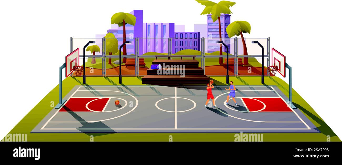 Two basketball players are practicing on an outdoor court, showcasing ...