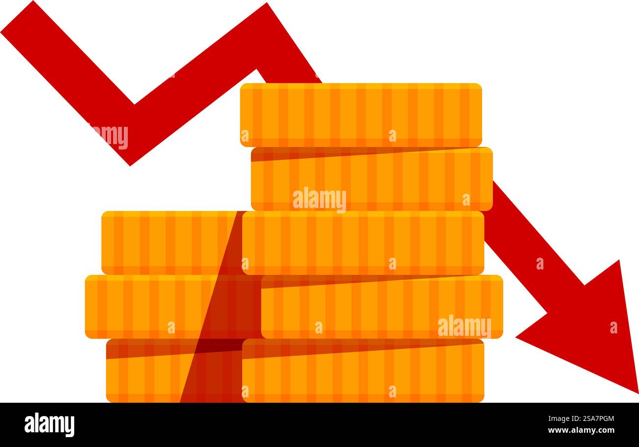 Stack of golden coins is decreasing while a red arrow is pointing down ...