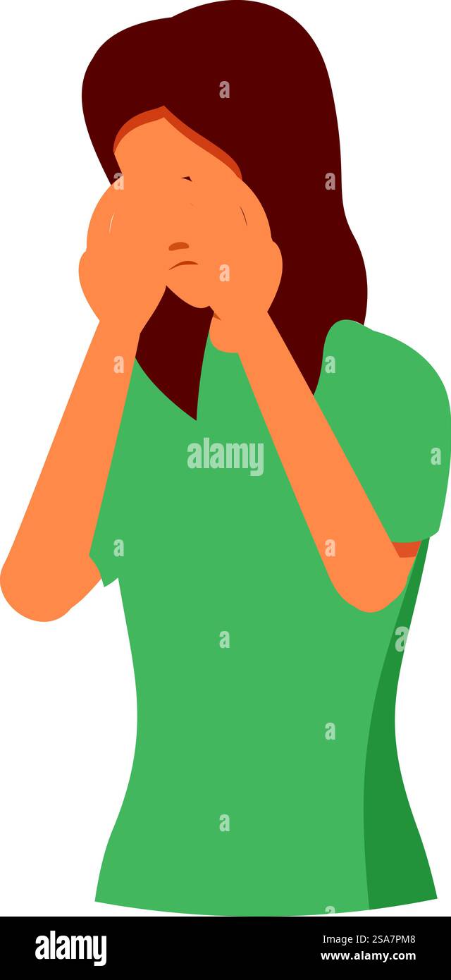 Young woman is covering her face with her hands, expressing shame and ...