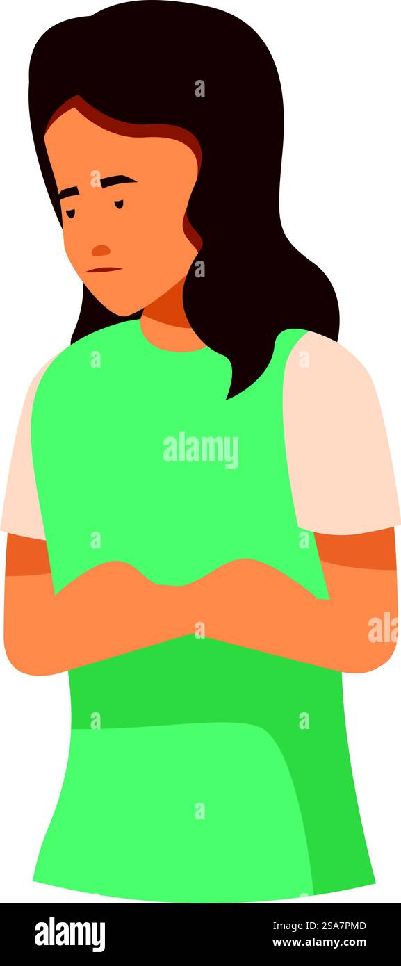 Sad young woman looking down crossing her arms over her chest, feeling ...