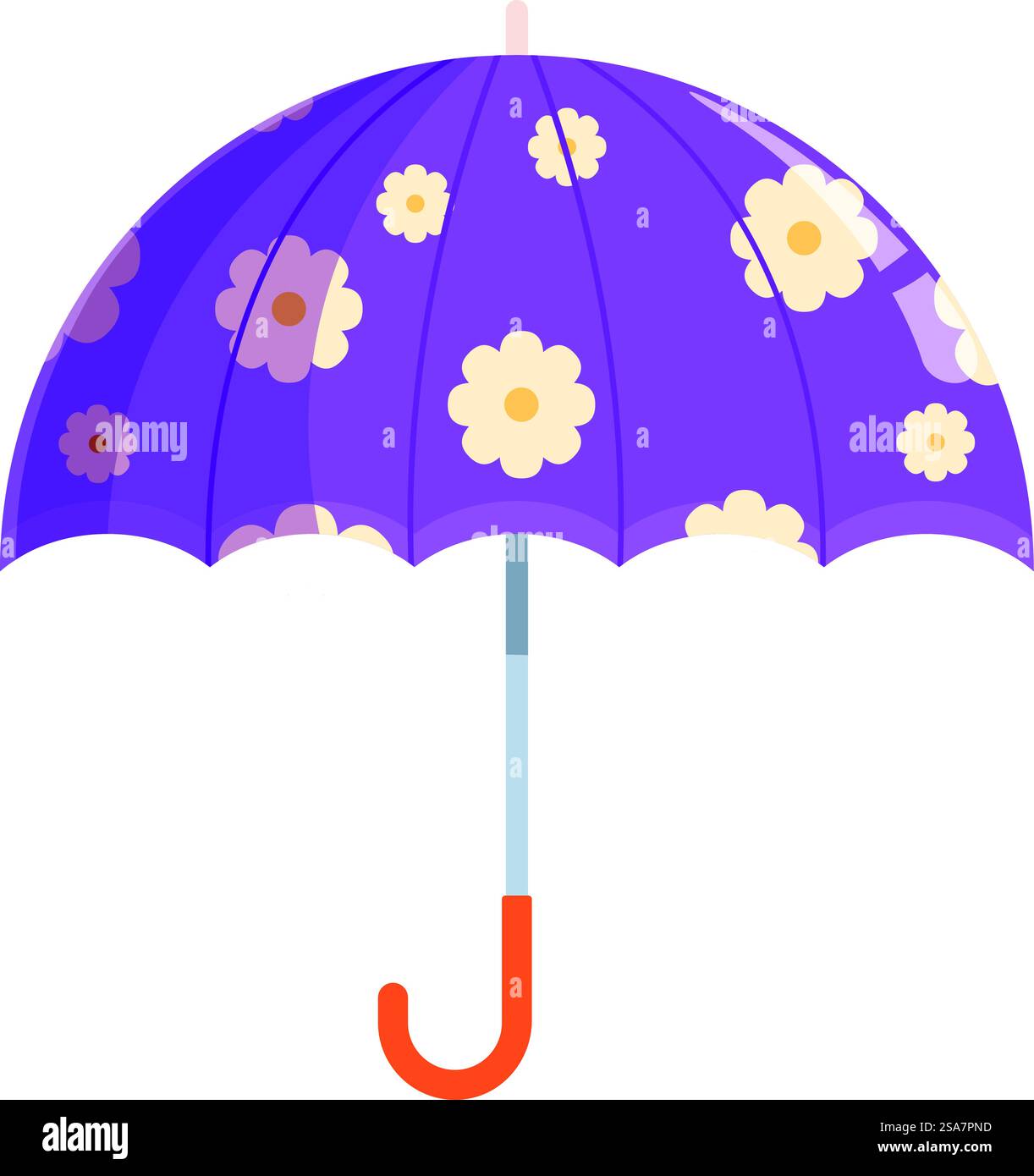 Purple umbrella with white flowers providing shelter from a downpour ...
