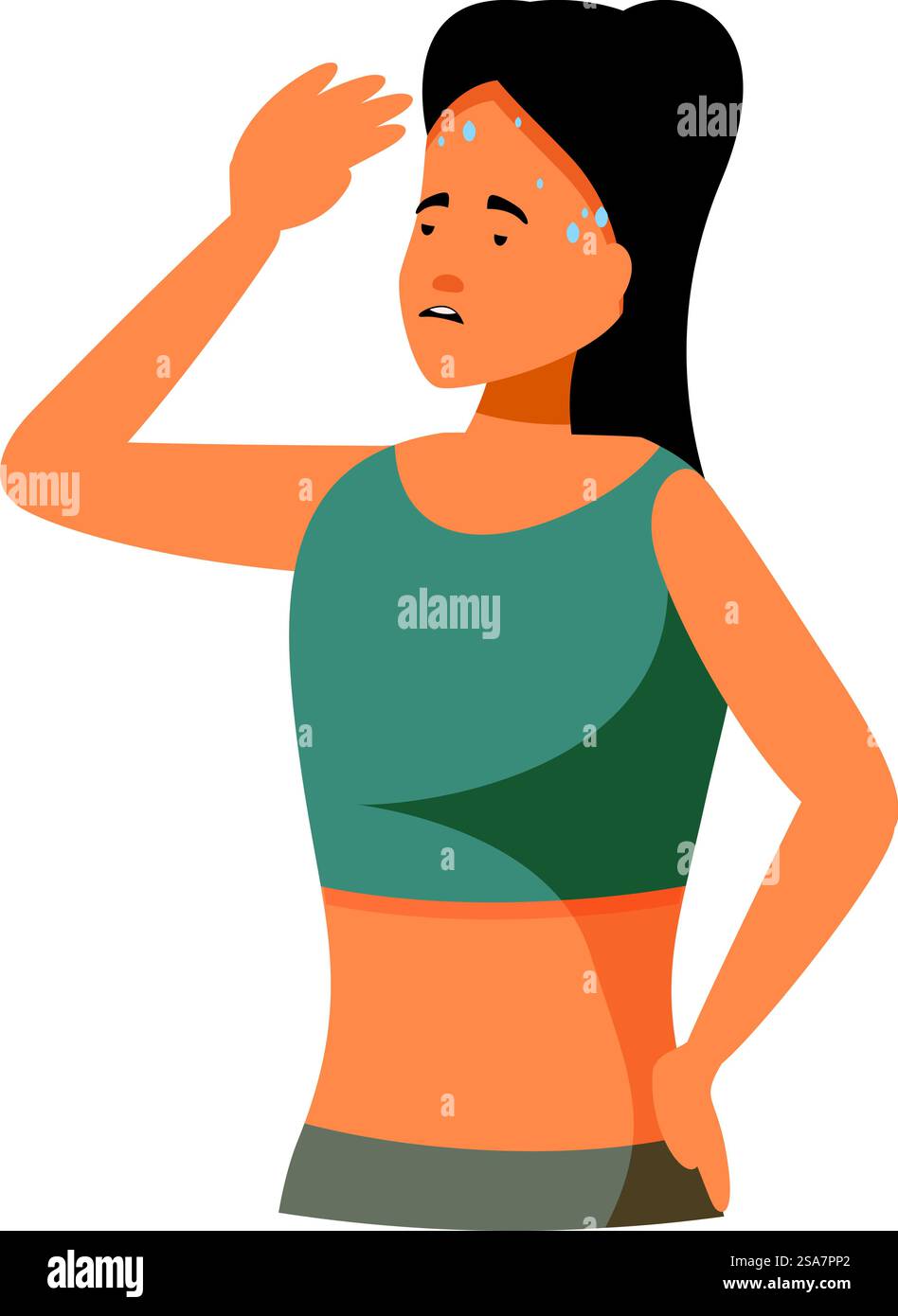 Young sportswoman is wiping sweat from her forehead, feeling hot and ...