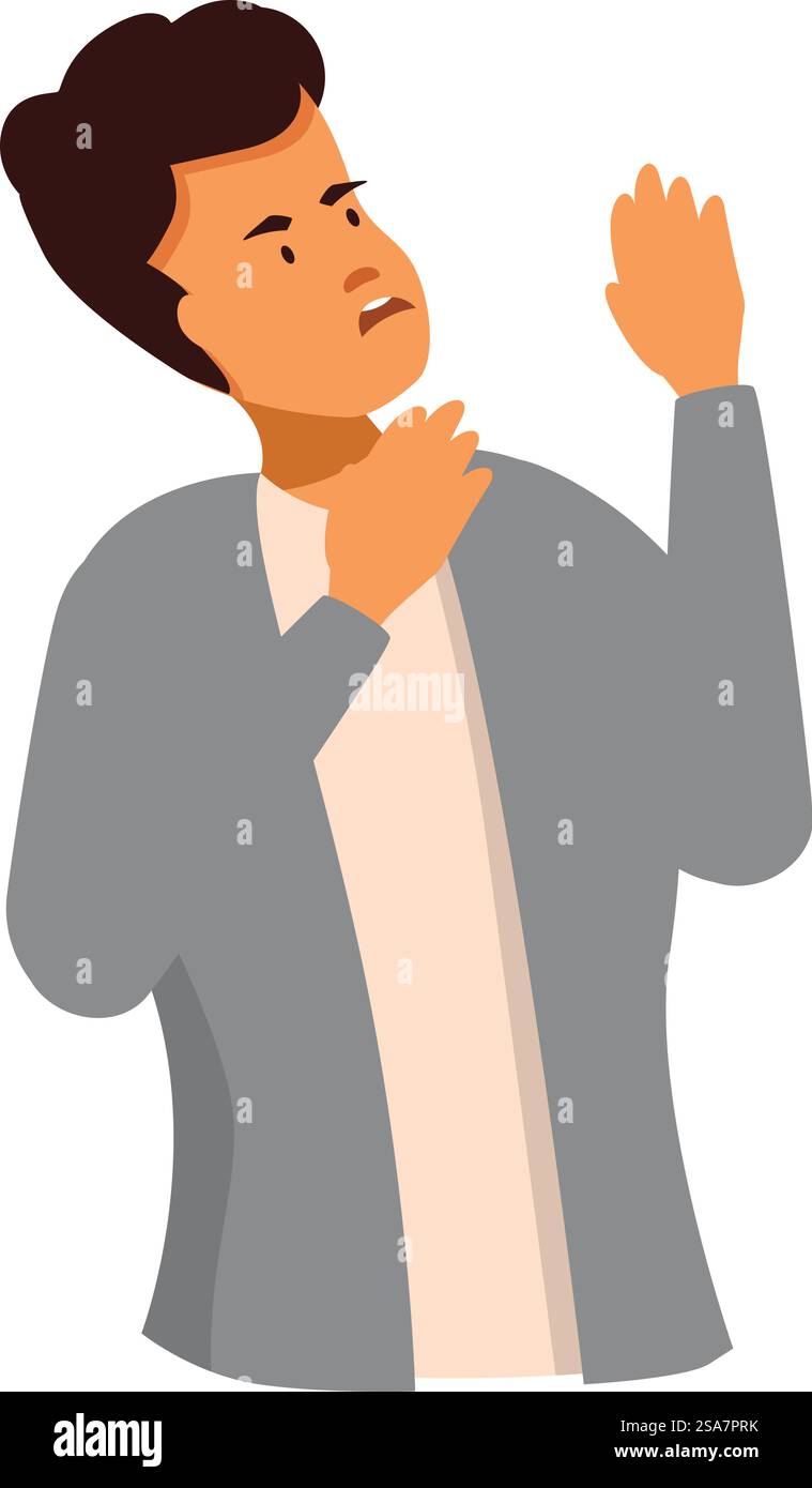 Scared man is raising his hands and protecting himself from something ...