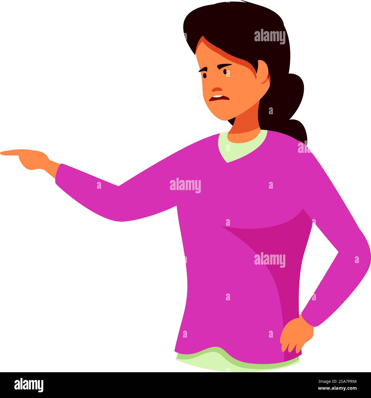 Young woman is pointing her finger with an angry expression on her face ...