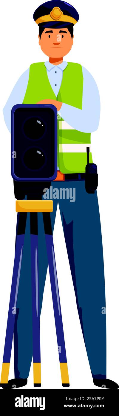 Police officer standing with speed radar gun on a tripod, ensuring road ...
