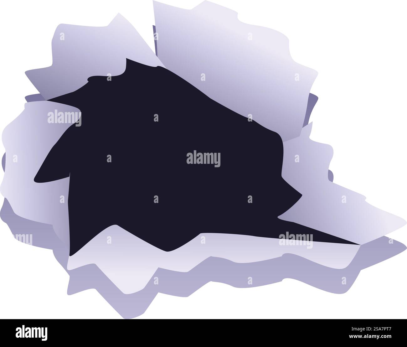 Ripped paper with curled edges revealing a dark empty void beneath. Torn paper hole creating a ...