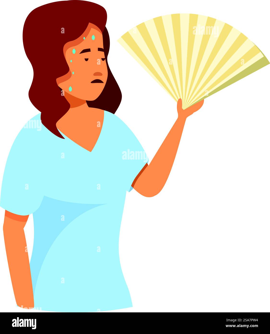 Woman suffering from heatstroke waving with a hand fan to cool down ...
