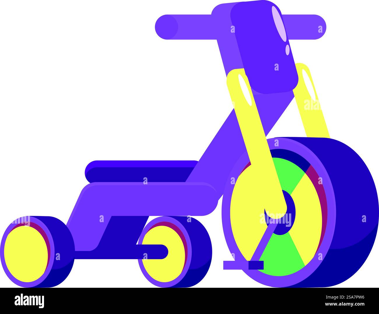 Purple tricycle with yellow wheels standing out from a white background ...