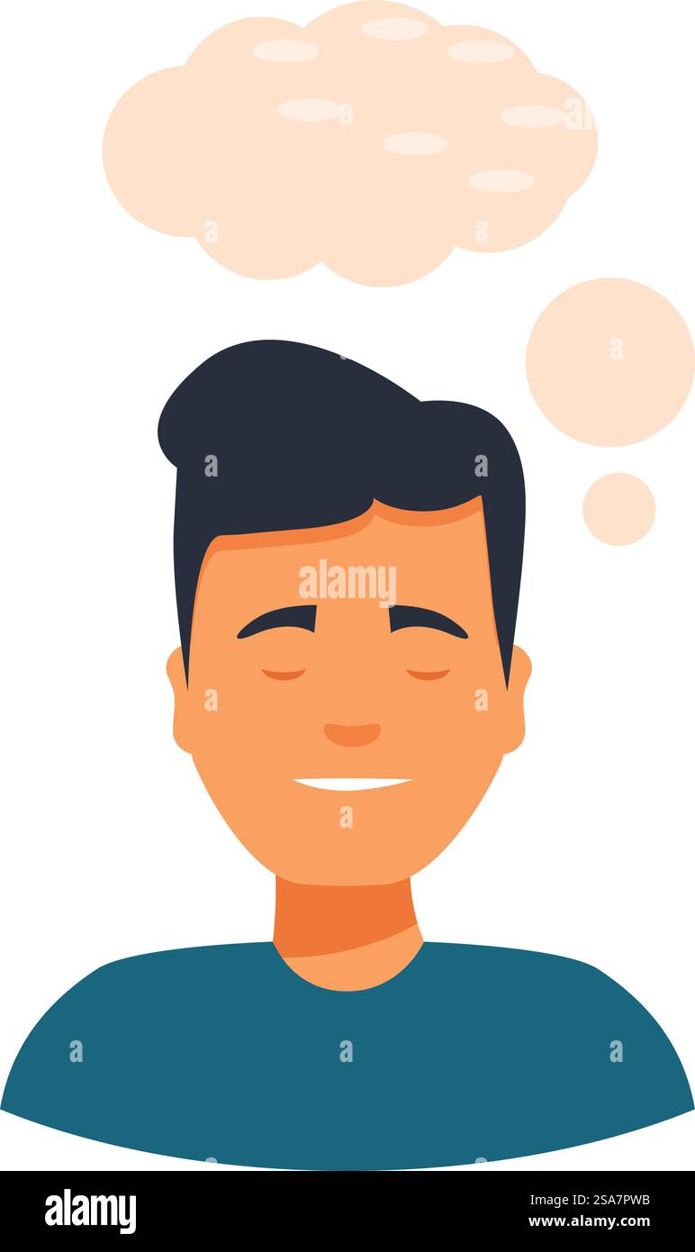 Young man is thinking with eyes closed and smiling face having a ...