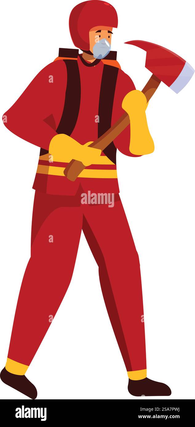 Firefighter is walking while holding an axe, ready for action. Firefighter walking and holding ...