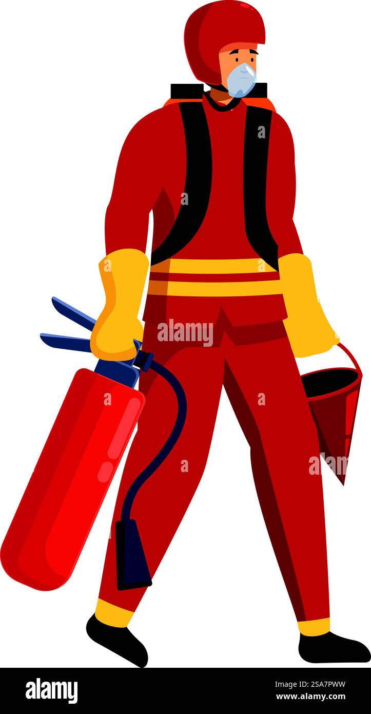 Fireman is walking with a fire extinguisher and a bucket hi-res stock ...