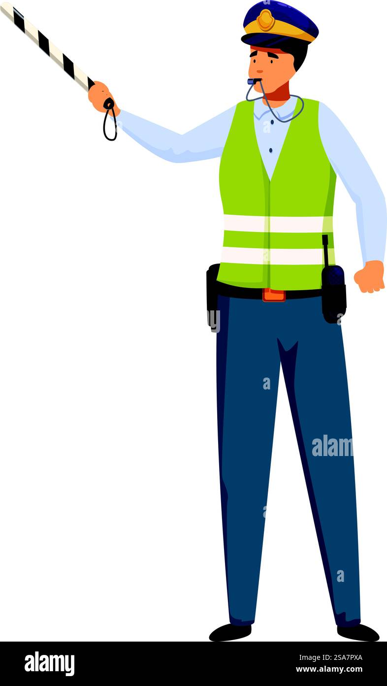Traffic guard holding stop sign and using whistle, road safety concept ...