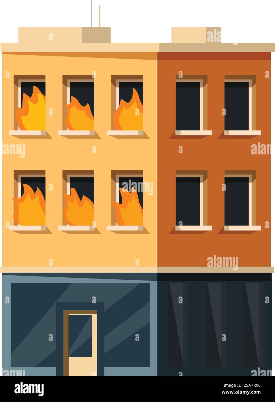 Illustration of a city apartment building with flames raging from ...