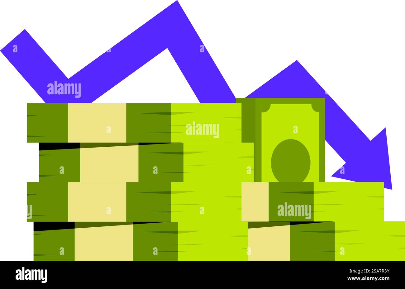 Purple arrow is pointing down over a pile of money that is decreasing ...