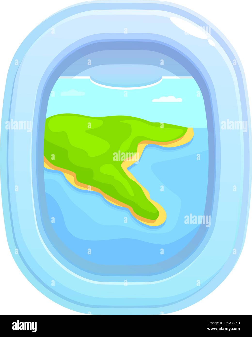 Cartoon illustration of an airplane window showing a tropical island ...