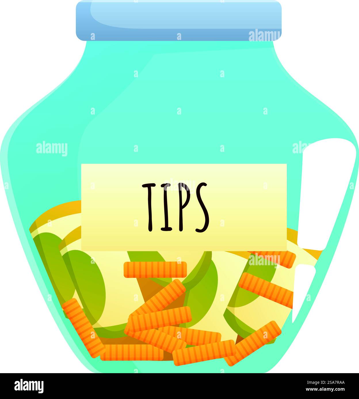 Glass transparent tip jar with a label saying tips is filling up with ...