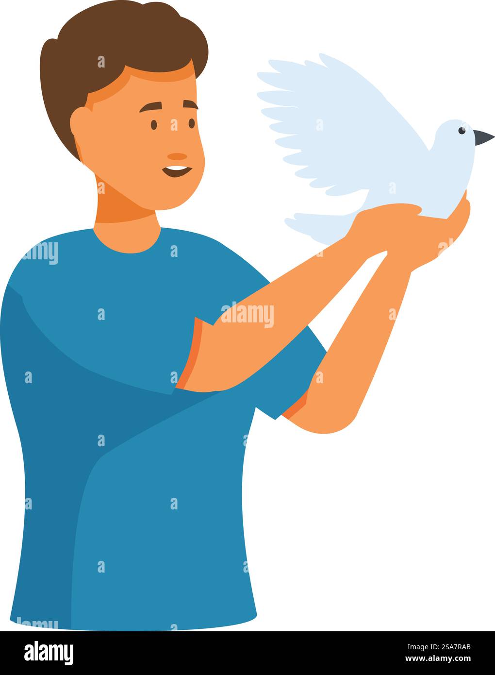 Young man is holding a white dove, a symbol of peace and freedom ...