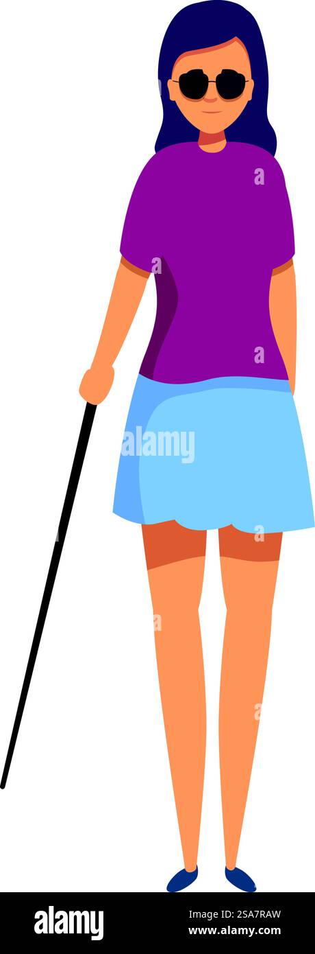 Young blind woman standing with cane wearing sunglasses cartoon ...