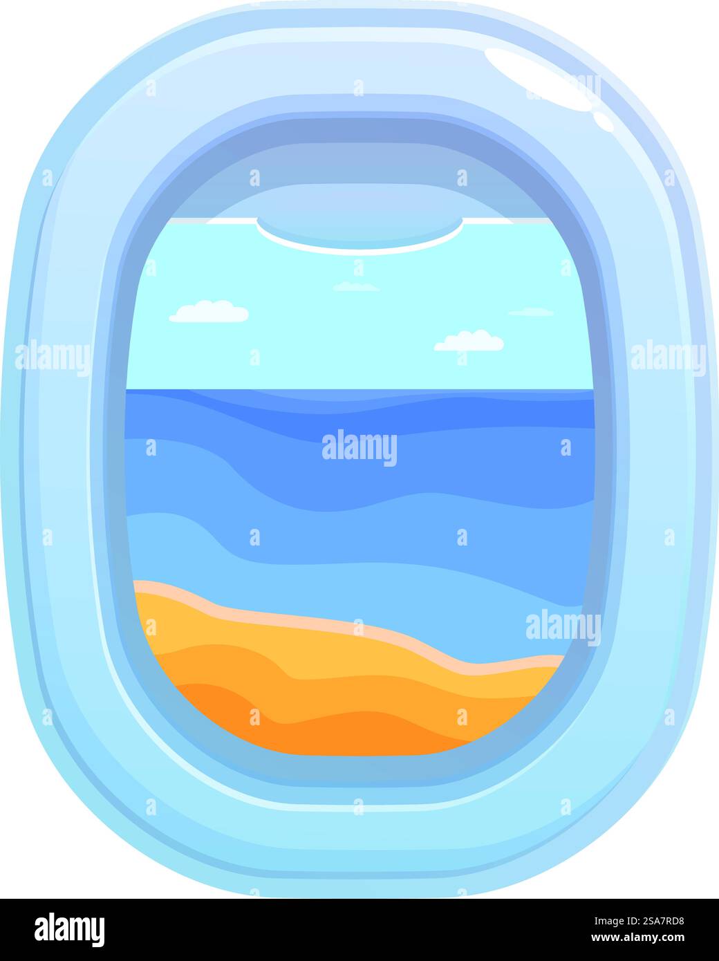 Airplane window is showing a beautiful beach and blue sea during a ...