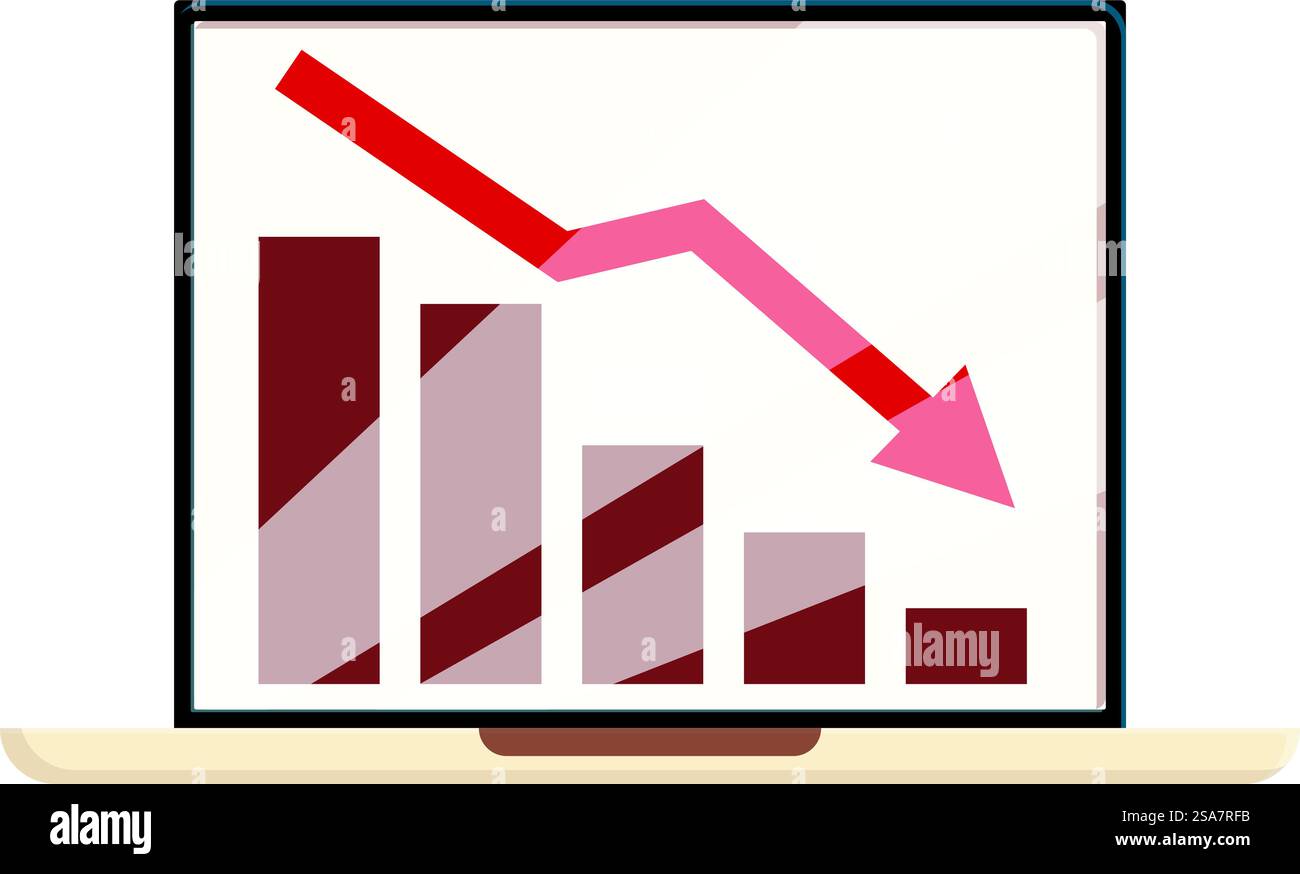 Laptop displaying a graph with a red arrow pointing down, illustrating ...
