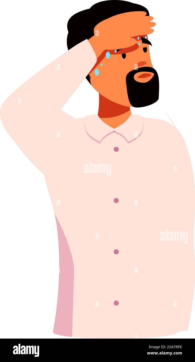 Businessman suffering from heat, holding his hand to his head, feeling ...
