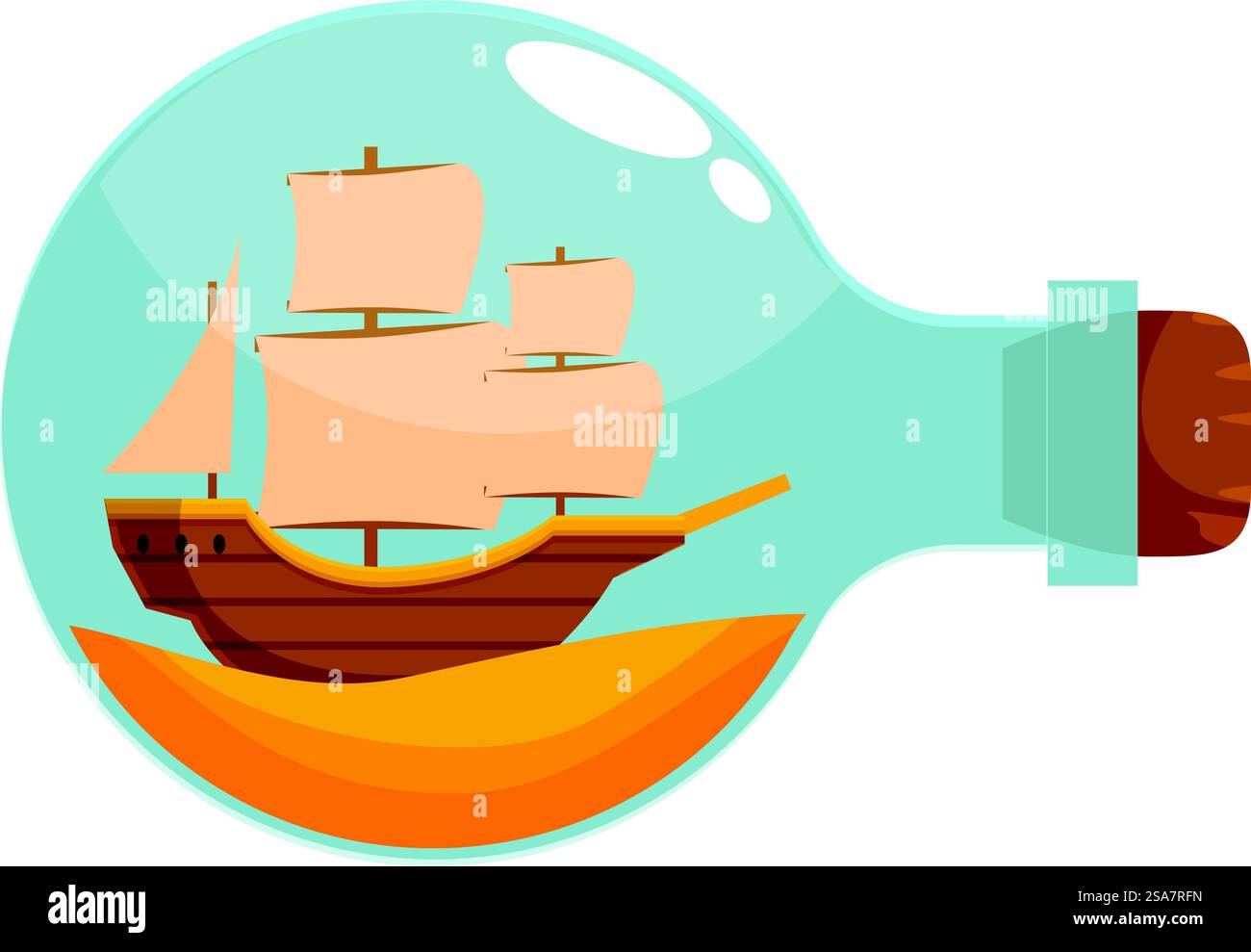 Cartoon illustration of a classic ship in a bottle resting on sand with ...
