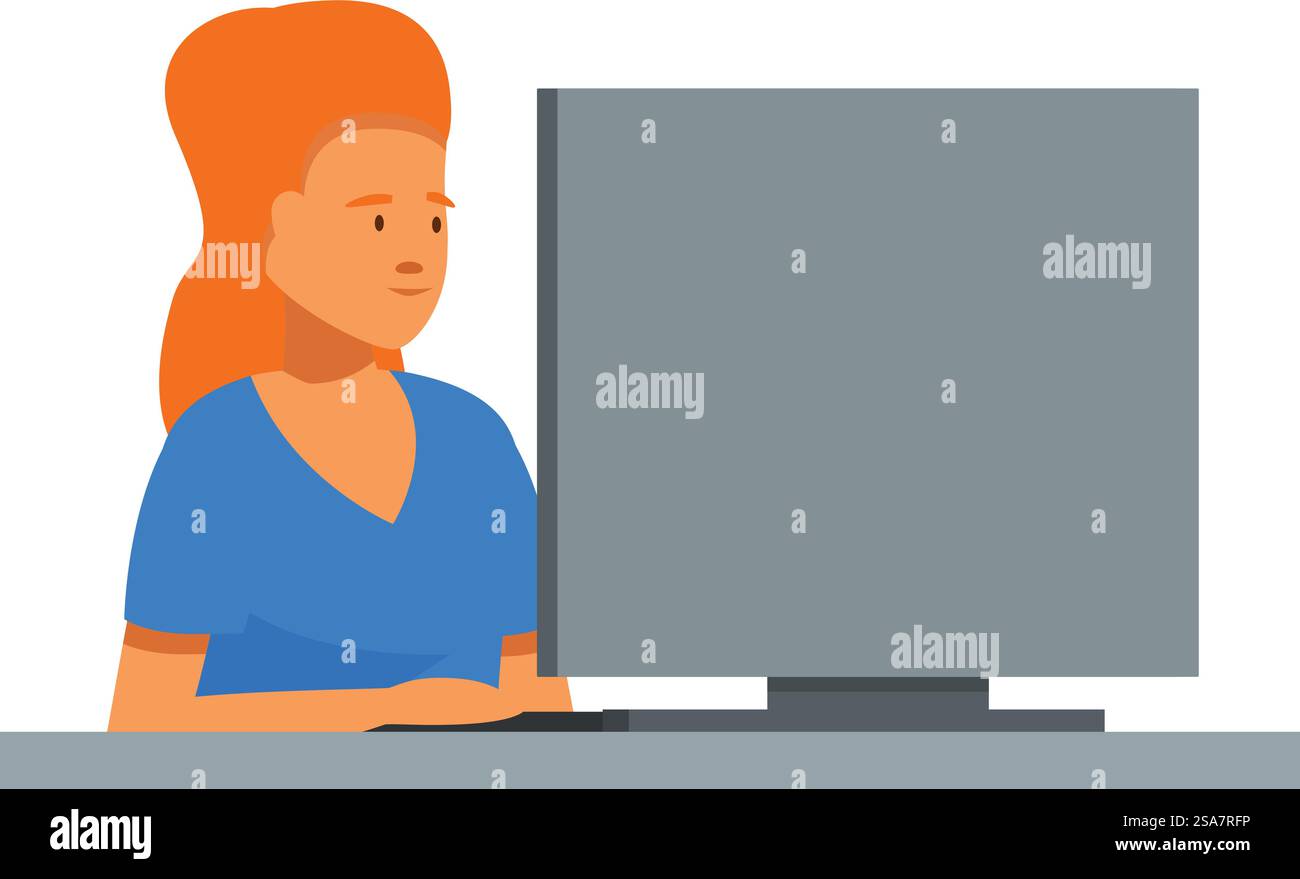 Woman working from home office using desktop computer. Woman using a ...