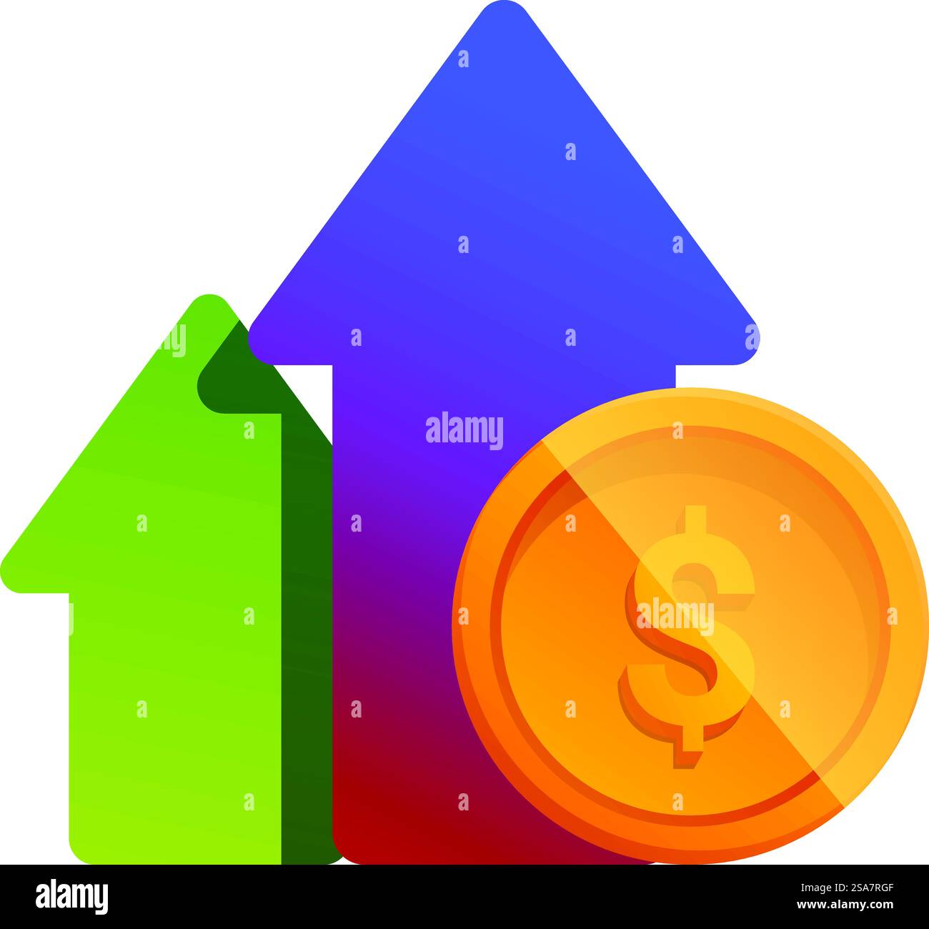 Dollar coin is increasing in value, as shown by the colorful upward ...