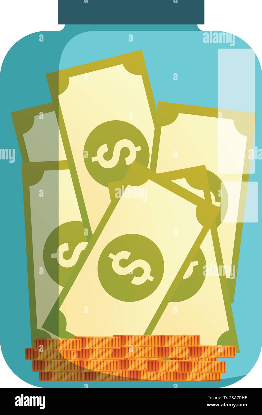 Glass money jar full of dollar bills and gold coins illustrating saving ...