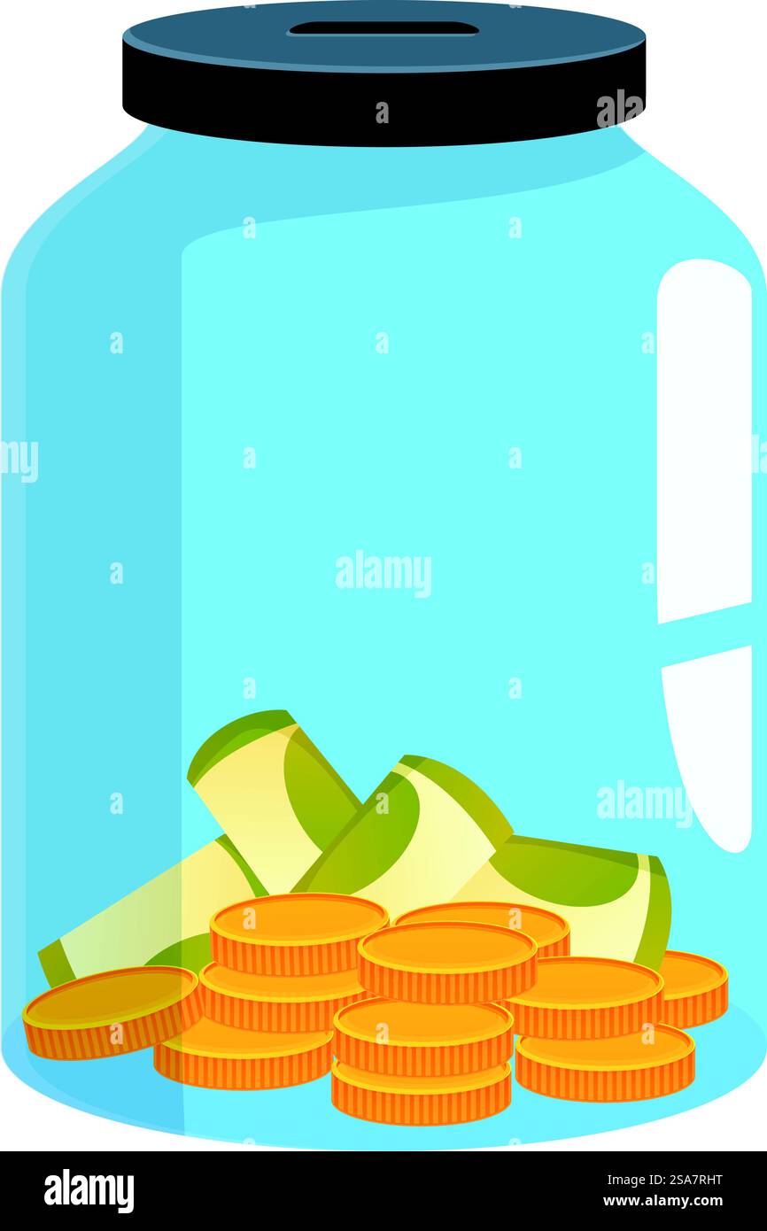 Transparent blue glass money jar with a black lid is accumulating ...