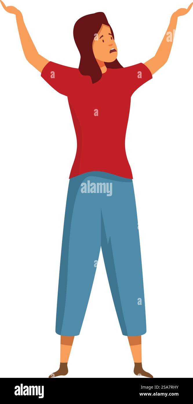 Young woman is raising her hands and asking for help. Young woman ...