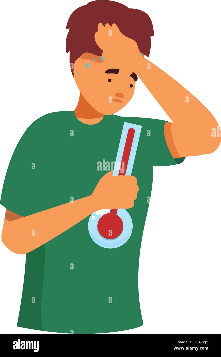 Sick young man is holding a thermometer and feeling unwell, sweating ...