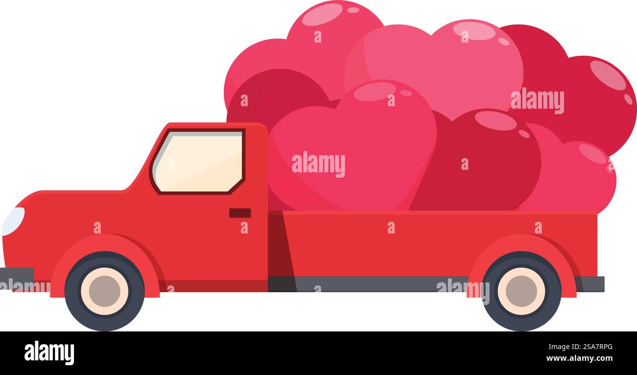Red pickup truck is delivering a full load of giant pink hearts. Red ...