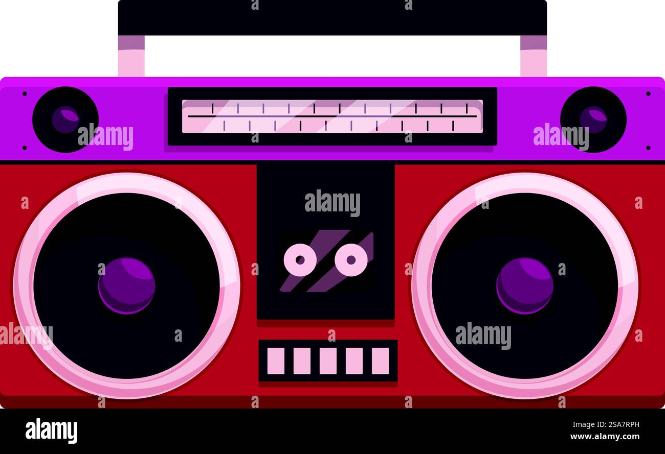 Red and purple boombox playing music with radio tuner and speakers ...