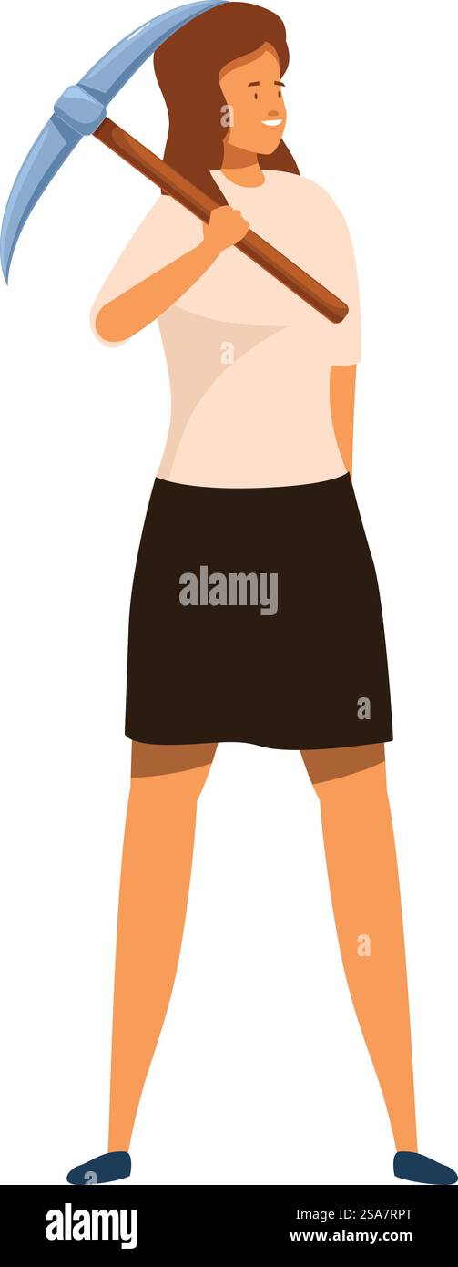 Female geologist is holding a pickaxe on her shoulder, ready to explore ...