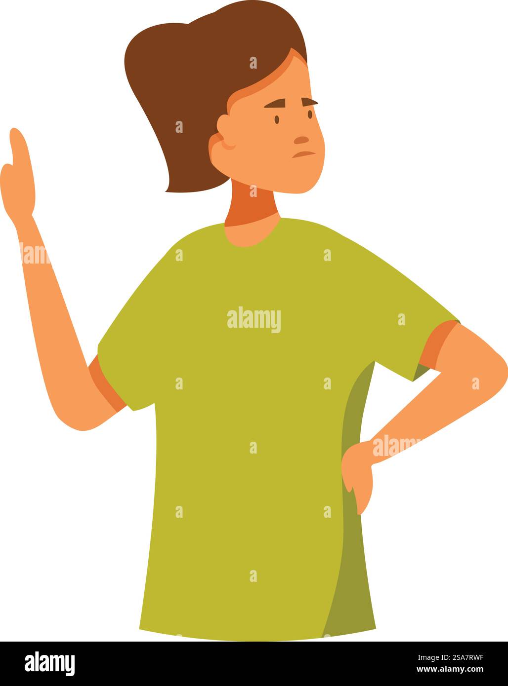 Thoughtful girl is raising index finger, having doubtful and ...