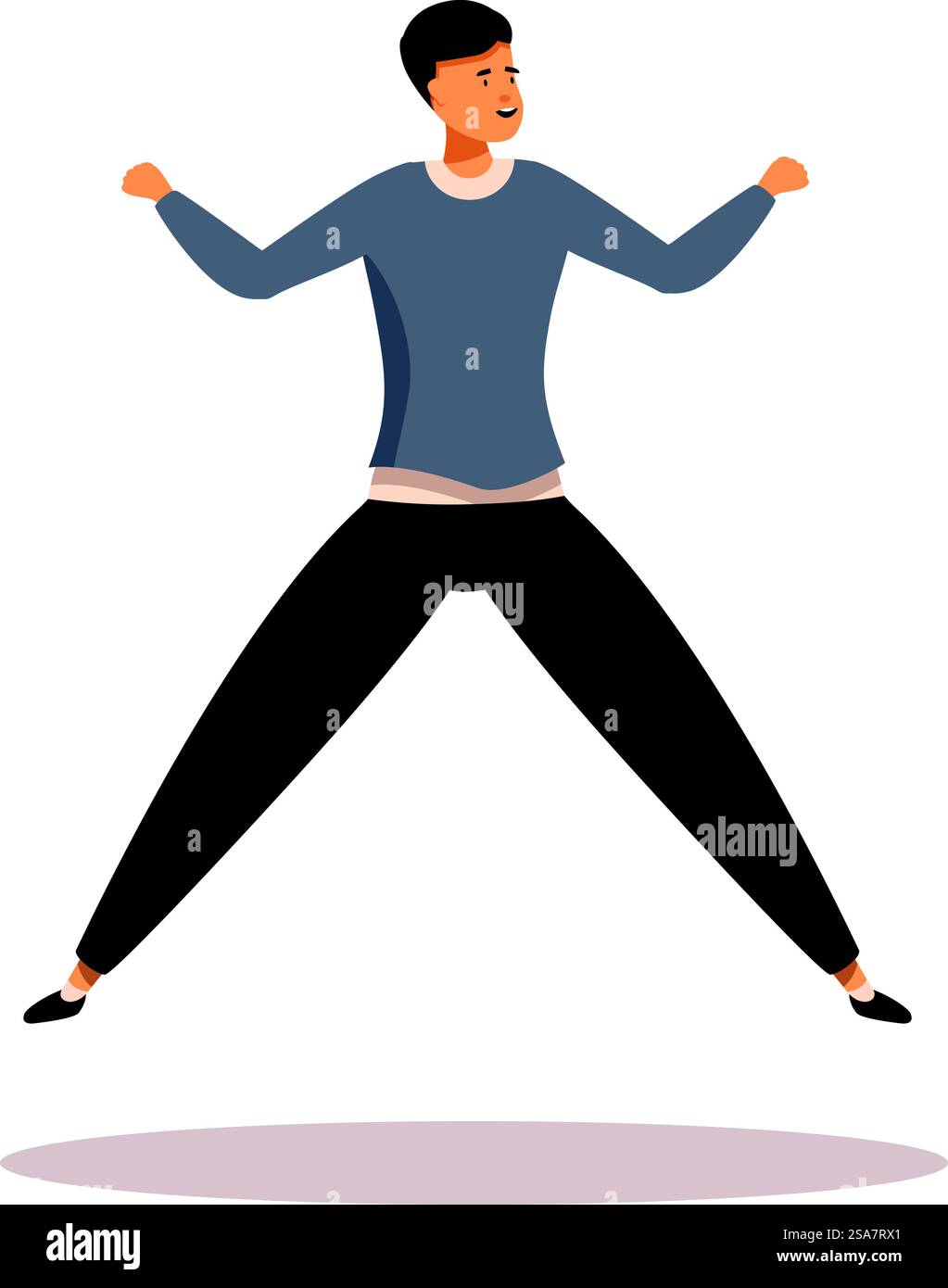 Young man is joyfully jumping, his wide stance and raised arms ...