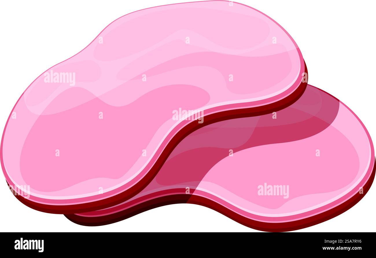 Two slices of ham overlapping each other on a white background. Two slices of ham are lying on ...