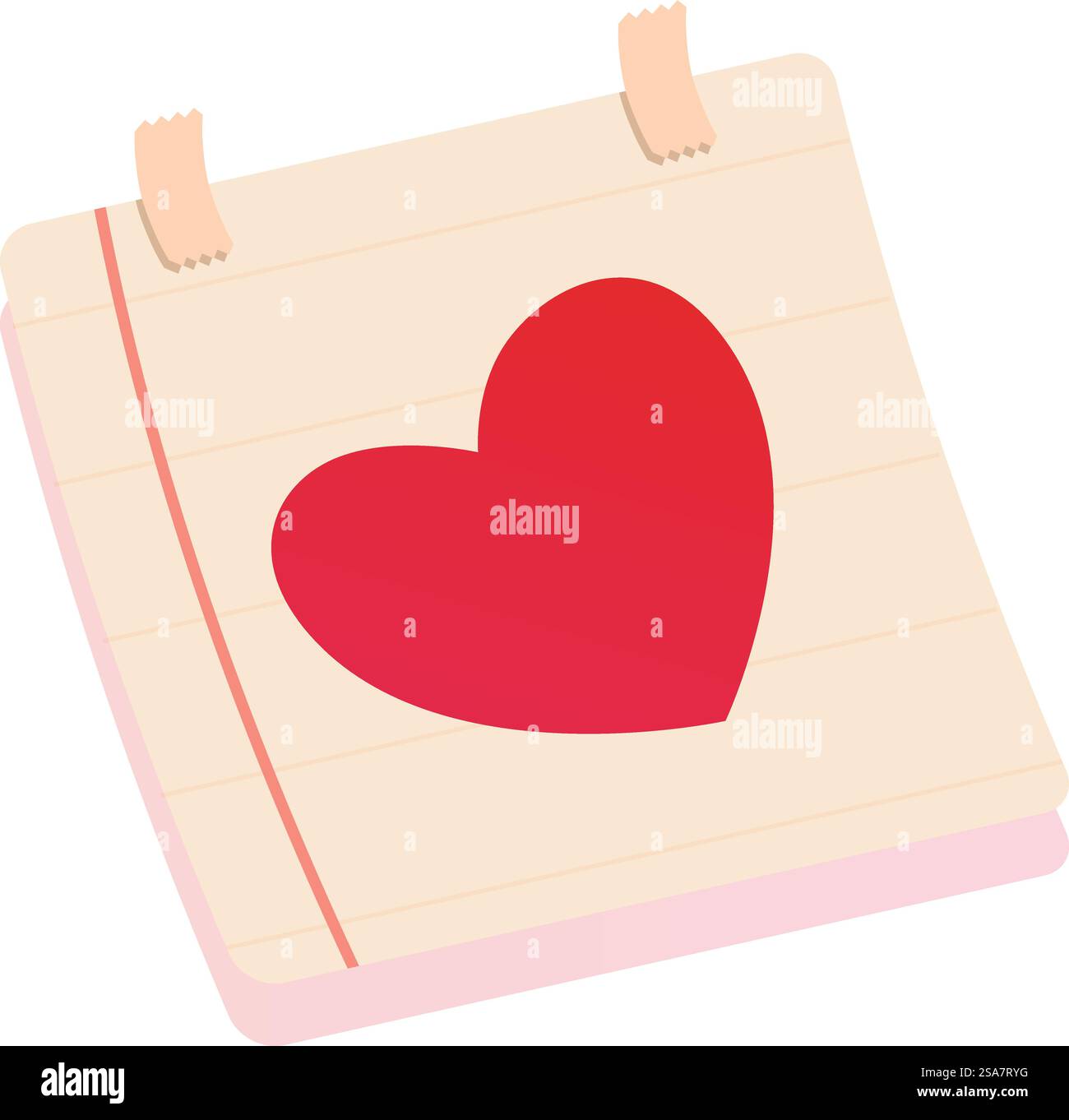 Red heart shape drawing on notebook paper attached with adhesive tapes ...